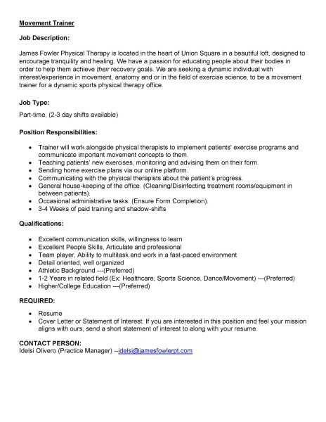 Movement Trainer - Physical Therapy Office | Dance/NYC